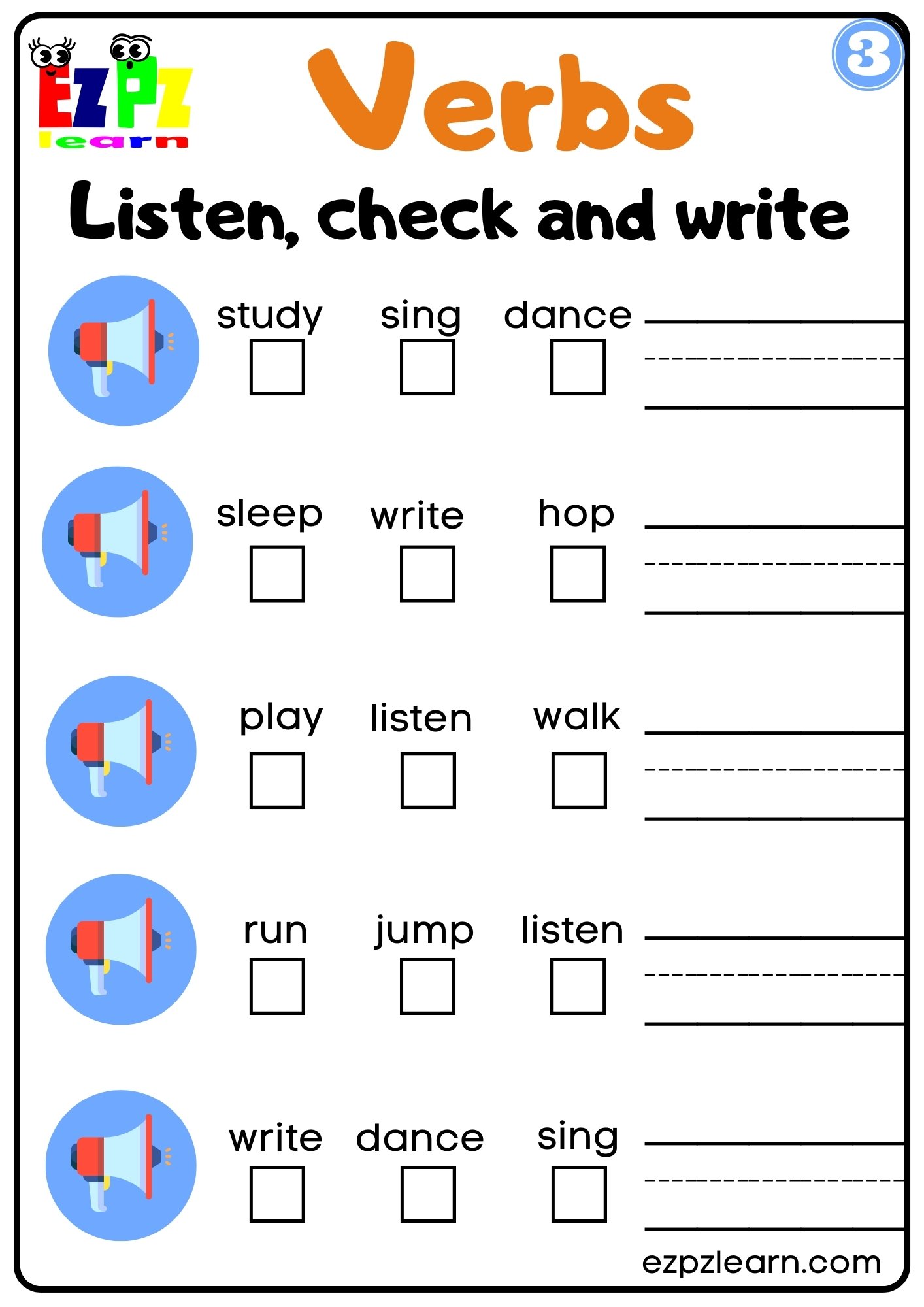 Interactive Verbs Worksheet Listen, Check and Write Activity for K5 and ESL Students G3 ...